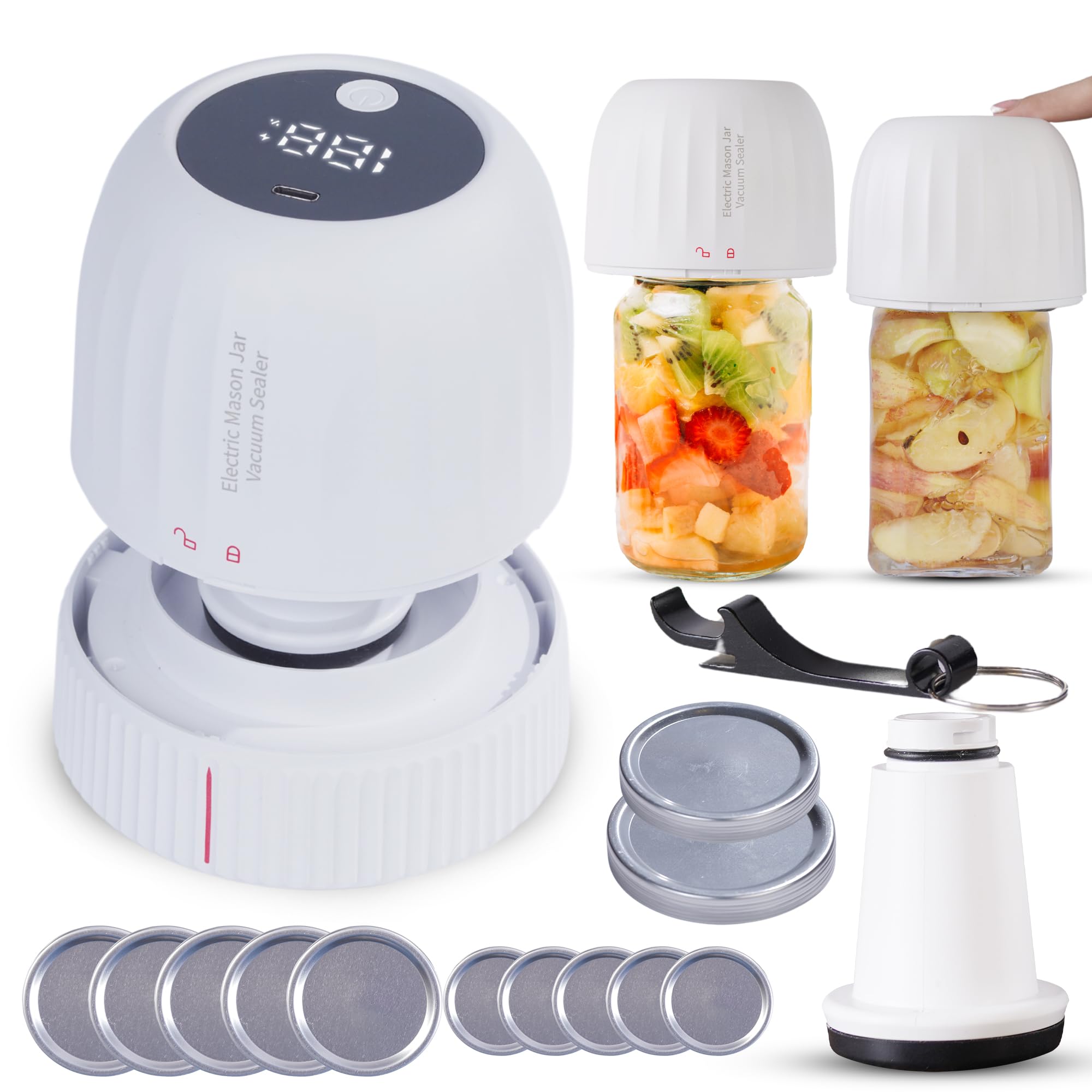 Electric Mason Jar Vacuum Sealer Kit, 3-in-1 Strong Suction, Handheld Rechargeable Sealer for Wide and Regular Mouth Mason Jars, Vacuum Bags, Jar Vacuum Sealer for Food Storage, Canning (White)
