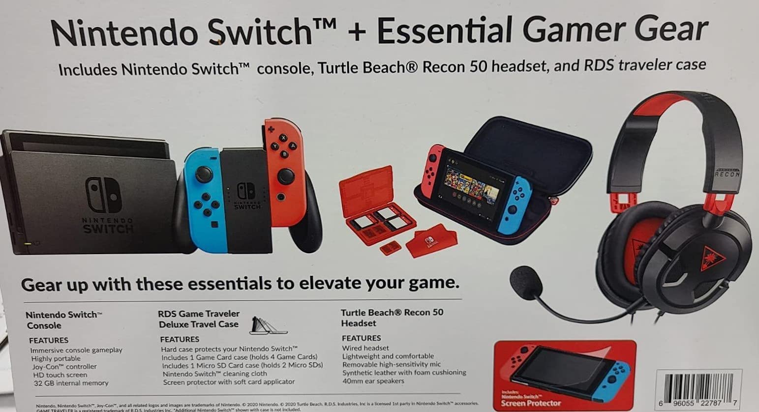 Nintendo Switch Console + Essential Gamer Gear Bundle with RDS Game Traveler Deluxe Travel Case and Turtle Beach Recon 50 Headset (US Warranty, 64GB SD Card Bundle, Neon)