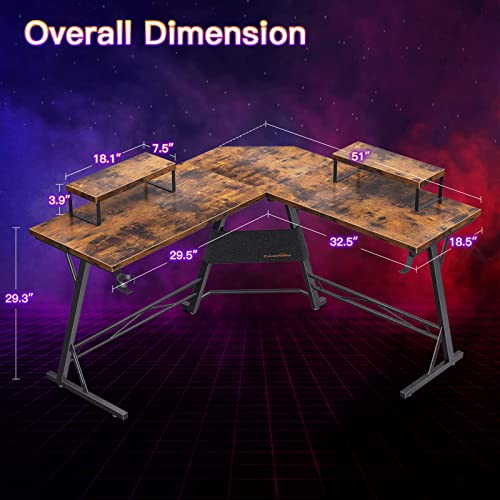 Coleshome Computer Desk L Shaped Gaming Desk, 51'' Computer Corner Desk with 2 Monitor Stands, Home Office Desk with Hook and Cup Holder, Space Saving, Easy Assembly