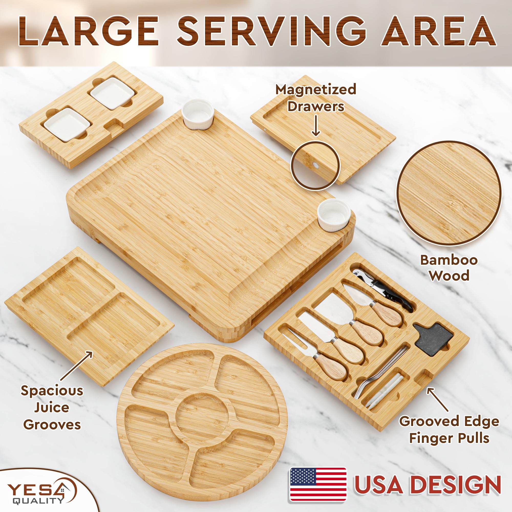 Charcuterie Boards Deluxe Gift Set - 23 Pieces, Bamboo - Large Cheese Board Plus Fruit Tray for Thanksgiving Party, Christmas Present, Birthday w/ Utensil Drawer, Knives, Forks, Wine Opener & More