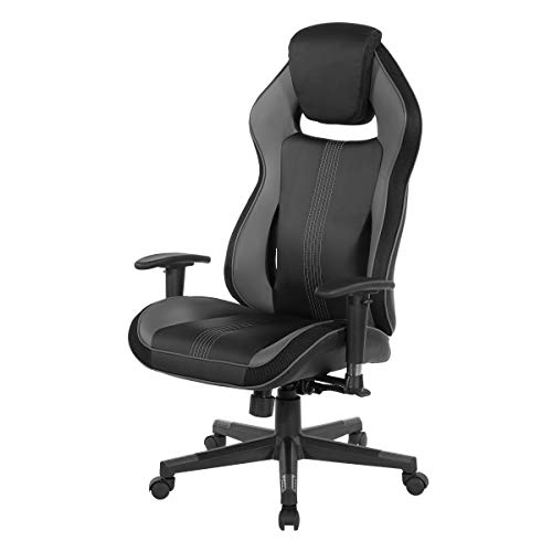 OSP Home Furnishings BOA II Ergonomic Adjustable High Back Gaming Chair with Thick Padded Coil Spring Seat, Built-in Lumbar Support and Headrest, Black Bonded Leather with Grey Accents
