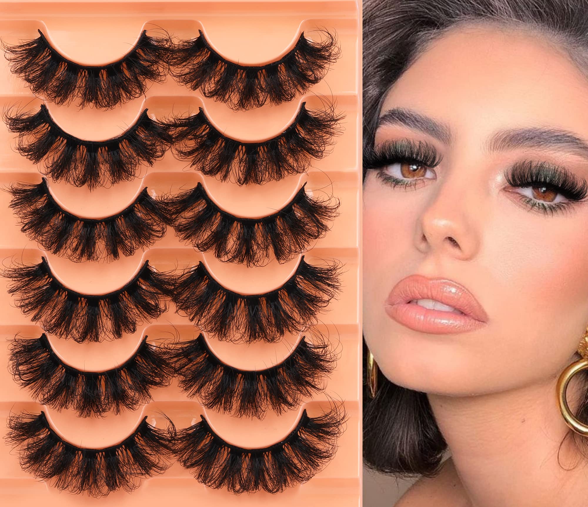 Dramatic False Eyelashes Fluffy Mink Lashes that Look Like Extensions Volume Wispy Eye Lashes Pack Long Thick D Curl Strip Fake Eyelashes 6 Pairs