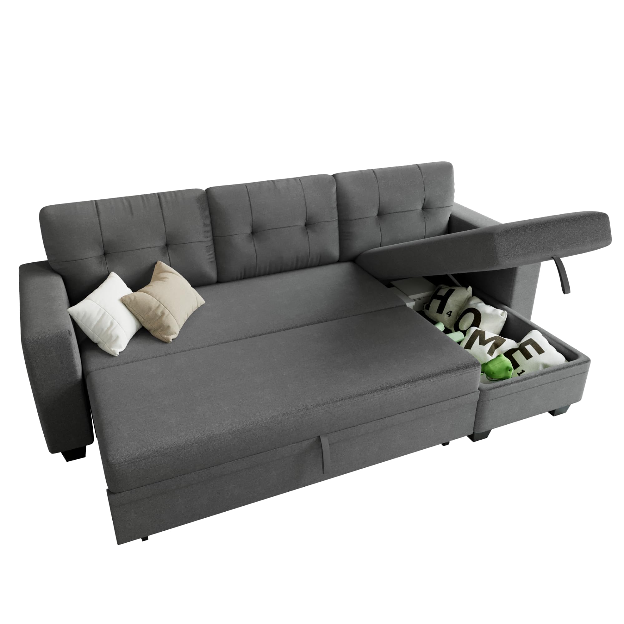 Furniwell Sleeper Sofa, L Shaped Pull Out Couch Sofa Bed with Storage Chaise Sectional Couch for Small Apartments, Living Room and Office (Linen Fabric)
