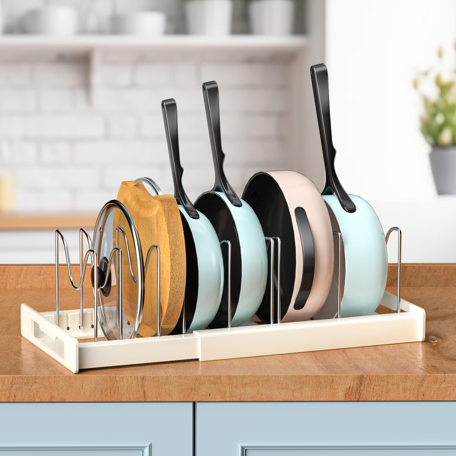 COTTONCARE Expandable Pot and Pan Organizers Rack for cabinet - Pot Lid Organizer Rack Holder with 7 Adjustable Dividers, Kitchen Cabinet Cookware Baking Organizer, White 11.81''-22''