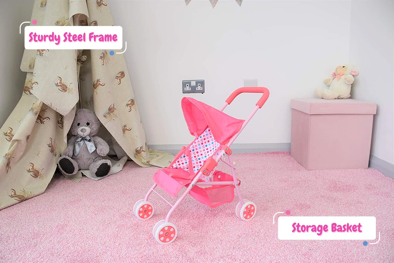 KOOKAMUNGA KIDS Baby Doll Stroller | Easy Fold Pram | with Retractable Canopy, Storage Basket, Doll Safety Harness and Comfort Grip Handlebar (Pink Unicorn)