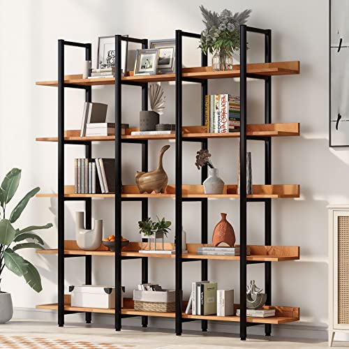 GNIXUU Triple Wide 5-Tier Bookshelf, Large Open Bookcase, Vintage Industrial Style Book Shelf Wood and Metal Etagere Bookshelves Display Shelves for Home Office Decor(Rustic Black+Brown)