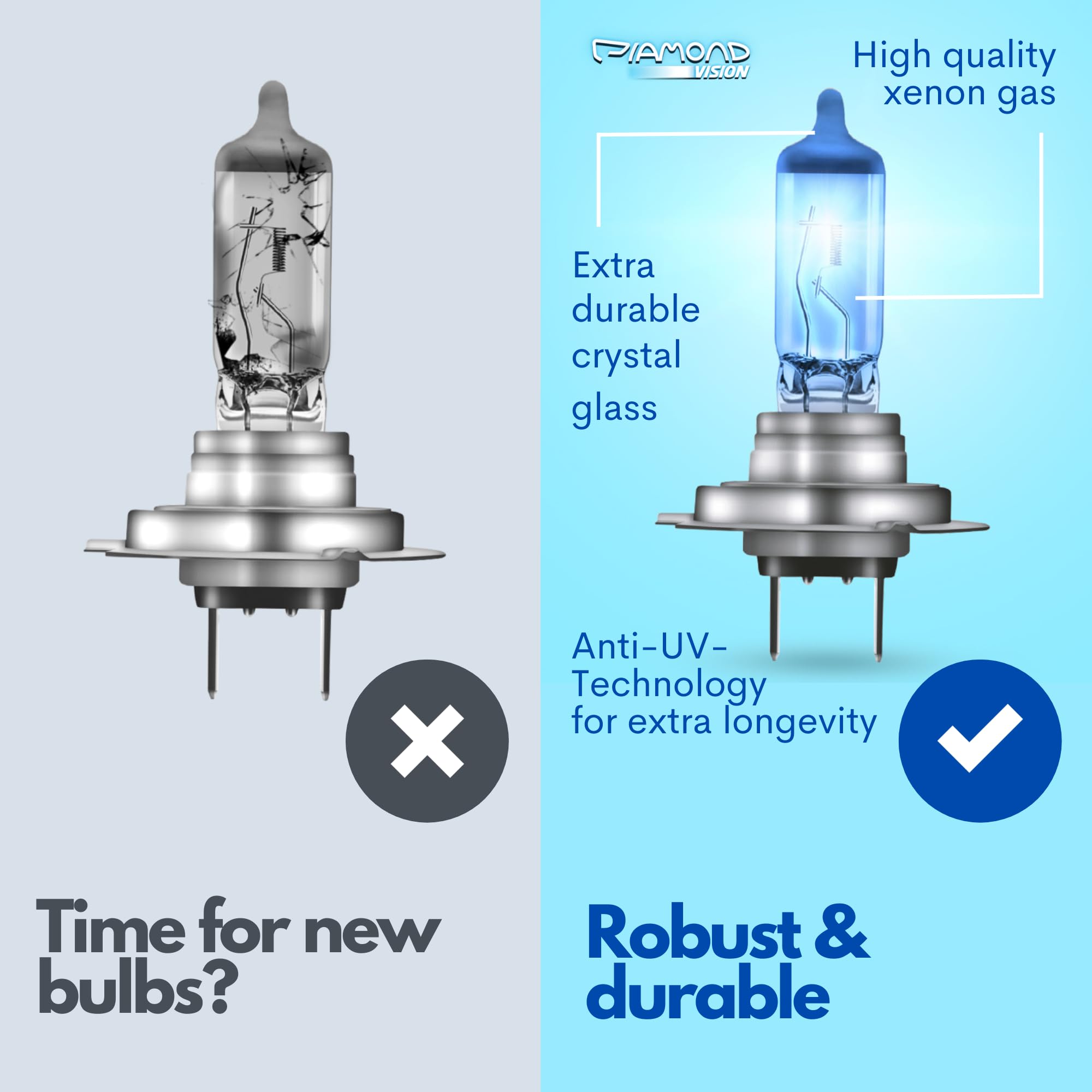 Diamond Vision 2x H11 12V 60/55W | Xenon Look | Halogen car headlights | 8500k Super-Ultra-White | Extremely durable | Replacement bulbs for automotive | PGJ19-2