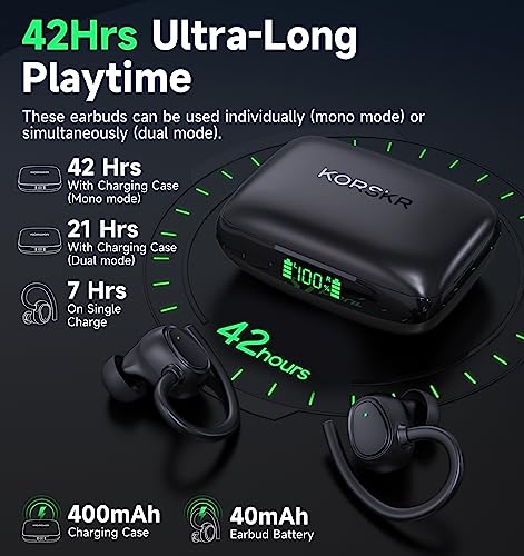 KORSKR Wireless Earbuds Bluetooth 5.3 Ear Buds 42Hrs Playtime Bluetooth Headphones with Charging Case Stereo Bass Over-Ear Earphones with Earhooks Built-in Mic Waterproof Headset for Sports Black