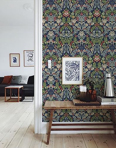 JiffDiff Botanical Wallpaper Peel and Stick Morris Floral Wallpaper Cabinet Contact Paper Stick On Wall Paper Wall Decor (Midnight Blue,Second Batch)