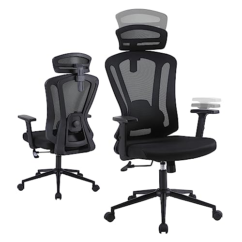 Ergonomic Home Office Chair, High Back Desk Chair with Adjustable Lumbar Support, 2D Armrest and Headrest, Black Mesh Computer Gaming Chair with Tilt Function