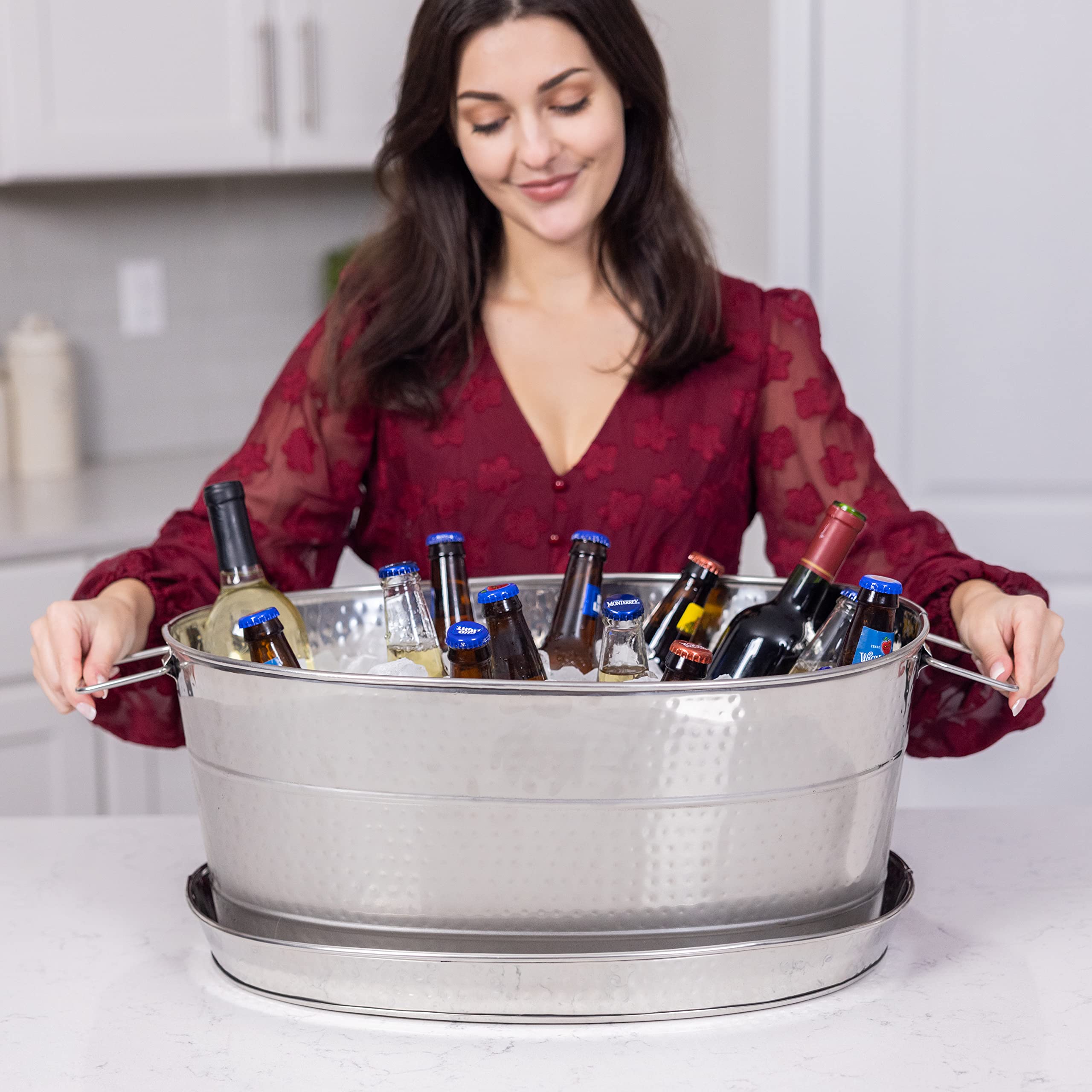 BREKX Metal Serving Tray 21" x 14" - Decorative Hammered Platter for Barware, Kitchenware, Coffee Tables (Stainless Steel)
