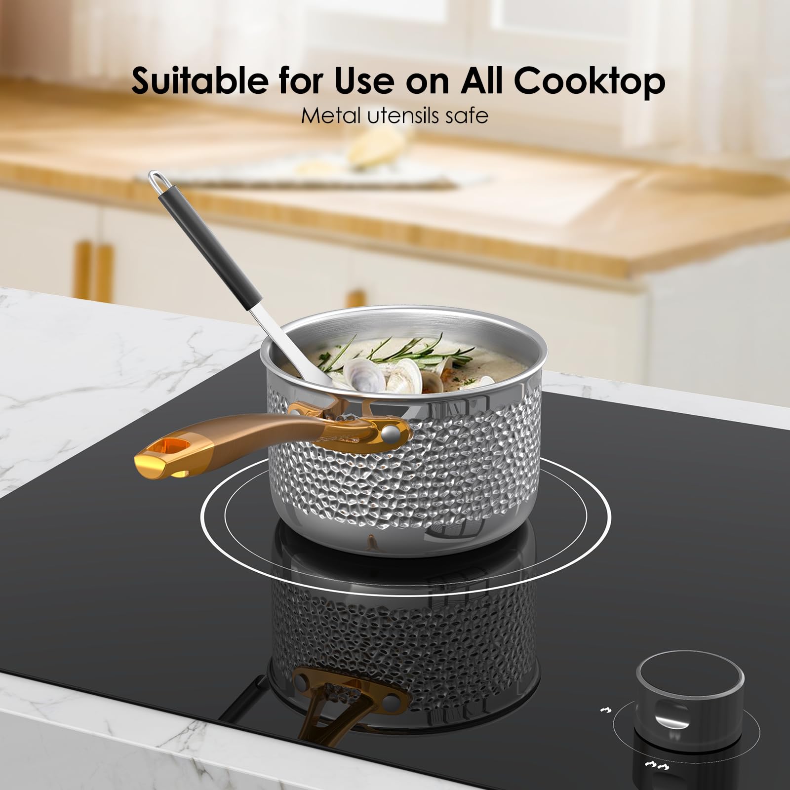 Homaz life 2-Quart Saucepan with Tempered Glass Lid, Tri-Ply Stainless Steel Cookware, Induction Ready, Compatible with All Cooktops, Dishwasher Safe, Non-Toxic, Gold-Colored Stay-Cool Handle