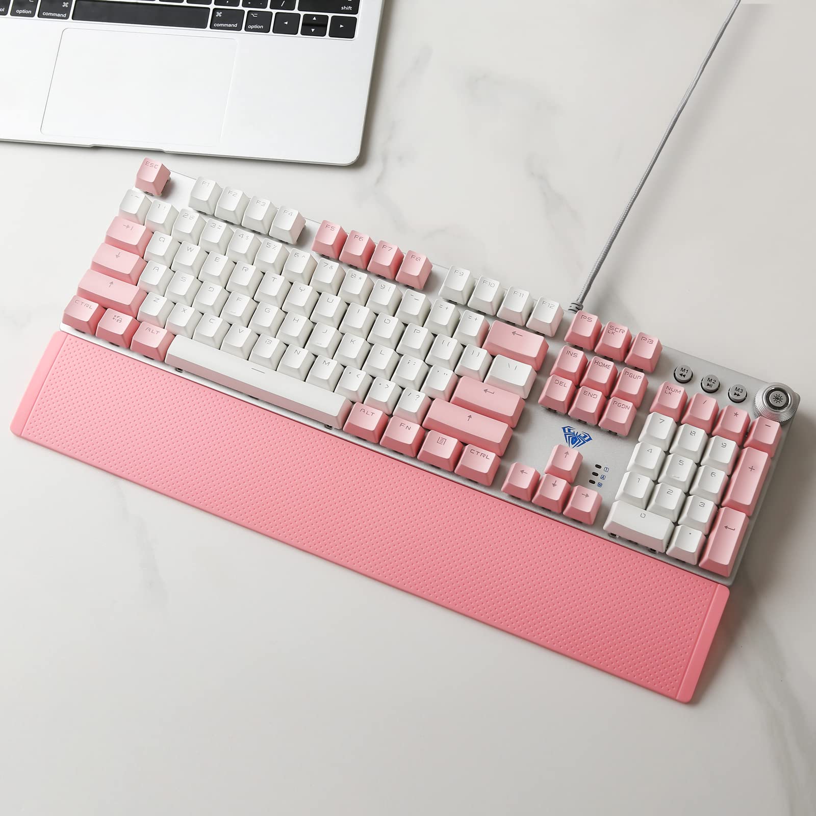 CCTECH Mechanical Gaming Keyboard,USB Wired,Magnetic Wrist Rest,Pure White Backlight Classic Keycaps,for Gaming,Office and Home,Dedicated Media Keys. (Pink)
