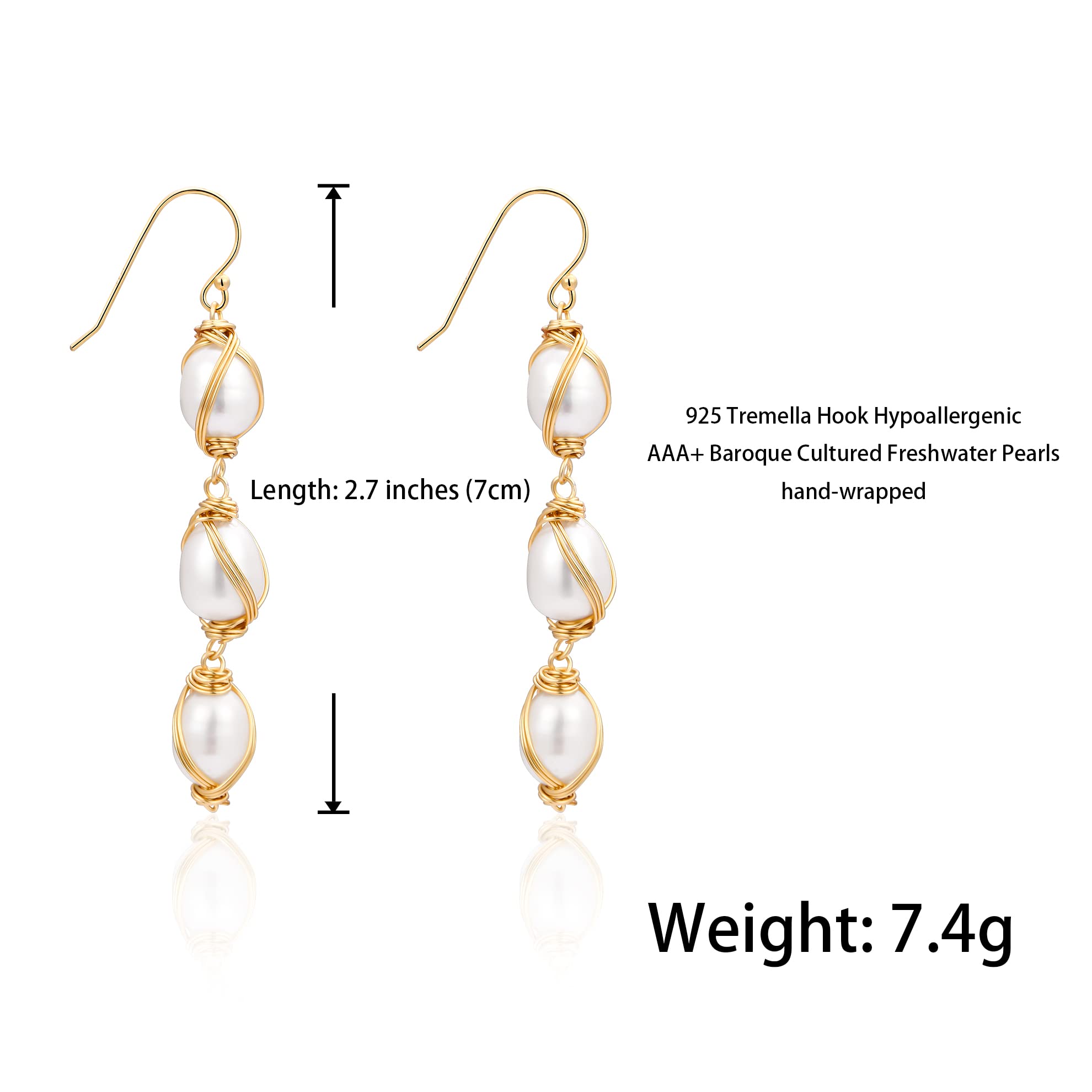 Cowlyn Pearl Earrings Baroque Cultured Handmade Wind Bossimi 925 Sterling Silver Post Long Chain Drop Dangle Statement Dainty Jewelry for Women