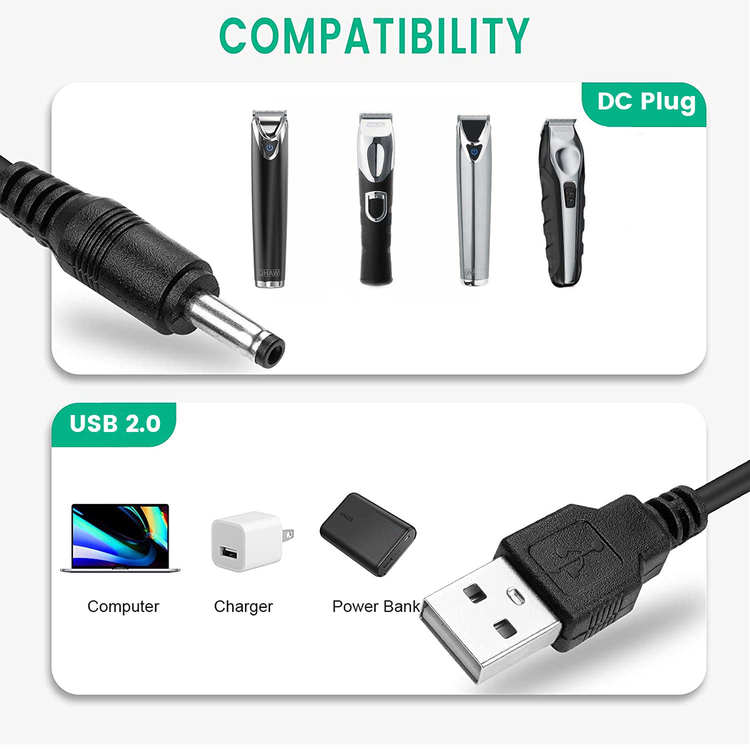 Charger Cord Replacement for Wahl Trimmer Clipper 9818L 9818 9888L, S003HU0420060 97581-405 Shaver Power Cable 2-Pack