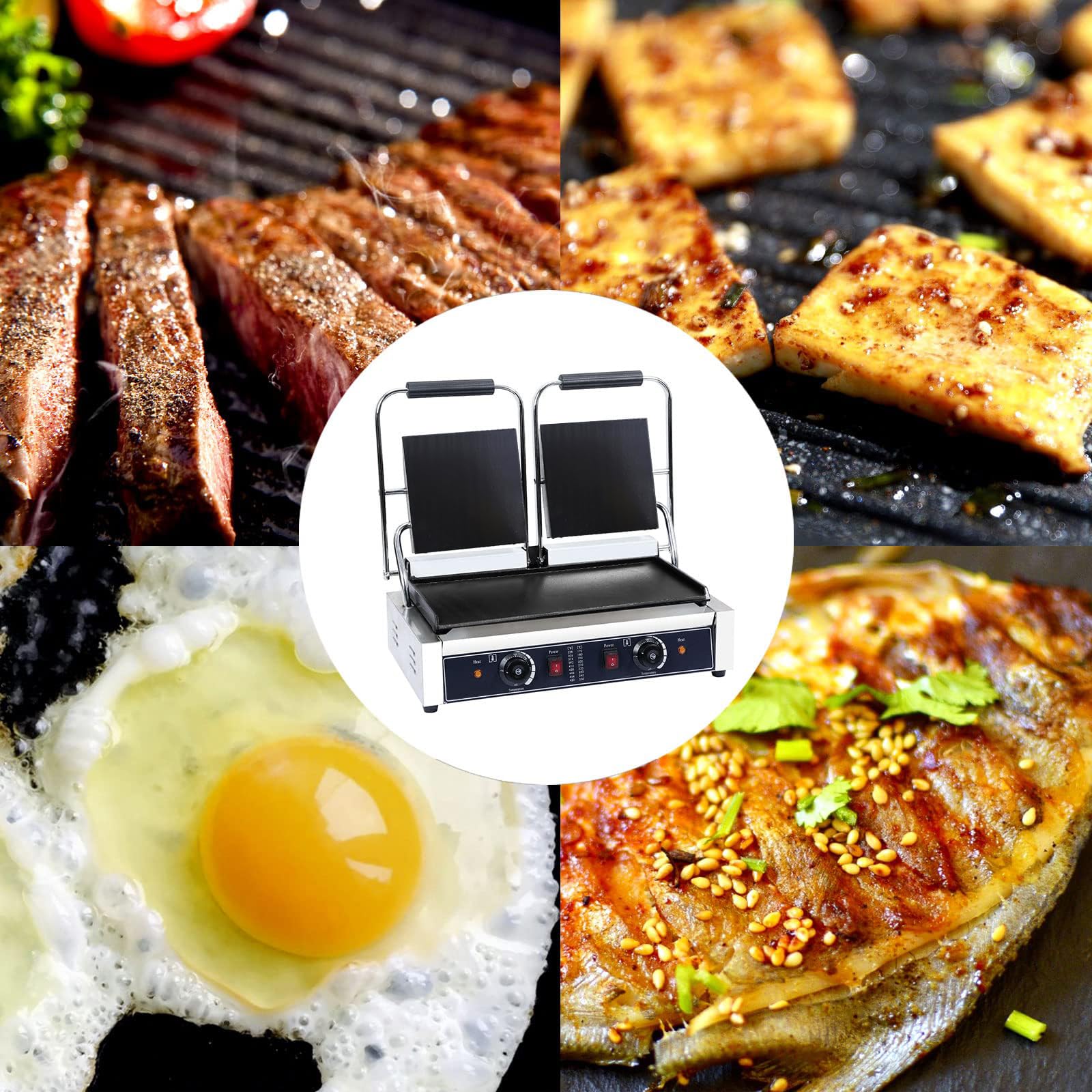 Commercial Panini Press Sandwich Maker 110V 3600W Non-Stick Full Grooved Plates Double Electric Stainless Steel Sandwich Maker for Hamburgers Steaks Bacons (Commercial Plain Press)