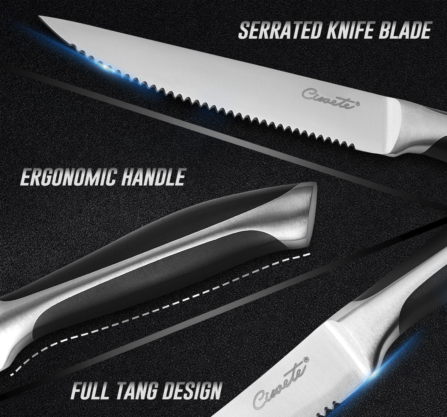 ciwete Serrated Steak Knives Set of 8, 4" Upgrade 3RC13 Stainless Steel Steak Knife Set, 8-Piece Sharp, Non-Stick & Rust-Resistant Dinner Knives, Black