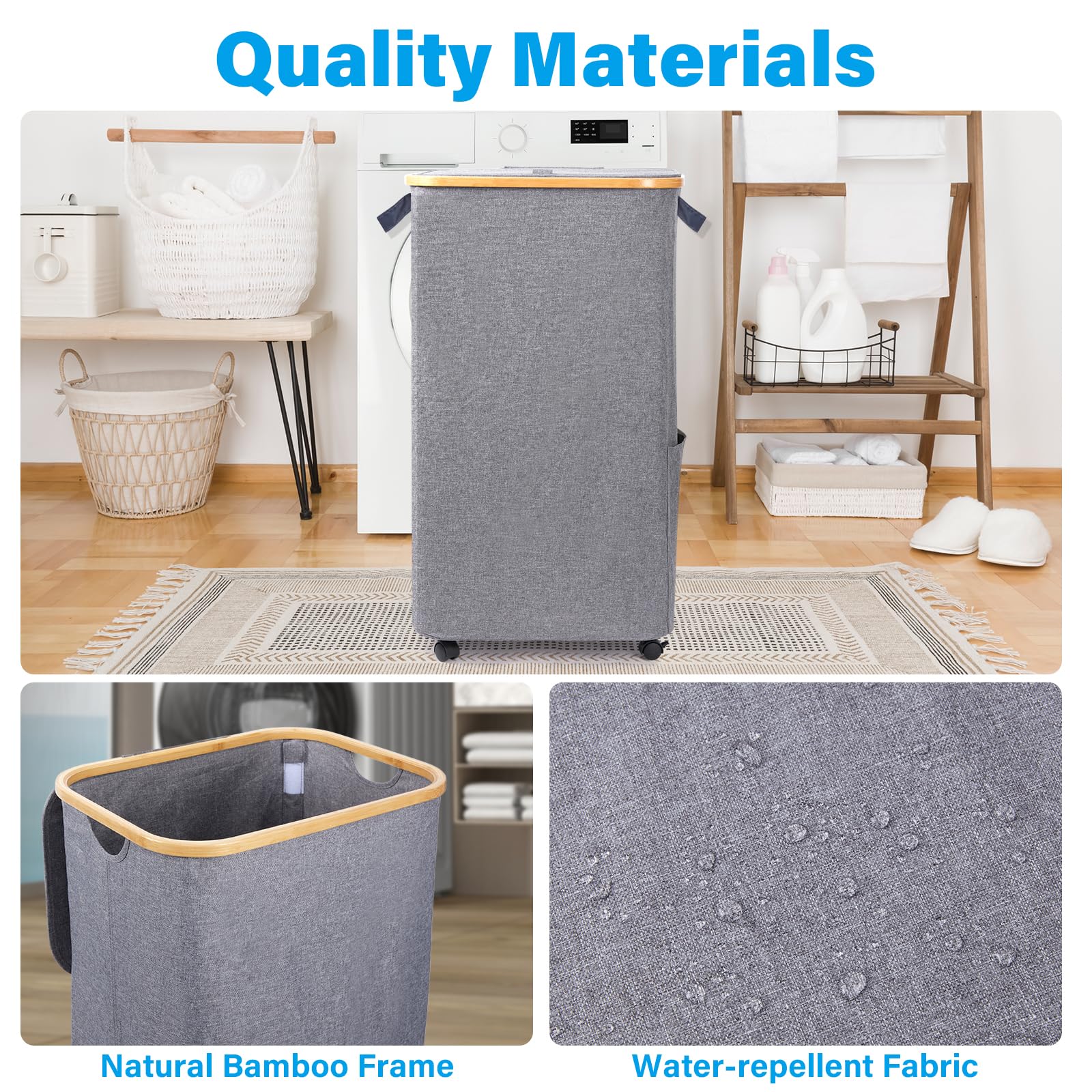 DoReFaSol Large Laundry Basket with Wheels,100L Hampers for Laundry,Freestanding Laundry Hamper with Lid and Bamboo Handles,Collapsible & Waterproof Tall Cloth Hamper for Dorm Family(Grey)