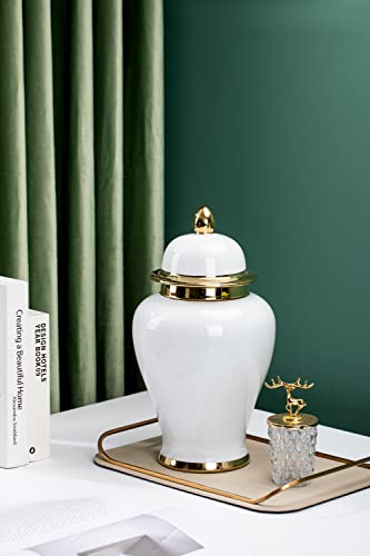 GaLouRo White Ginger Jar with Gold Trim, Ginger Jar Vase Decor for Centerpiece Table Decorations,Living Room Decor, Shelf Decor,15inches