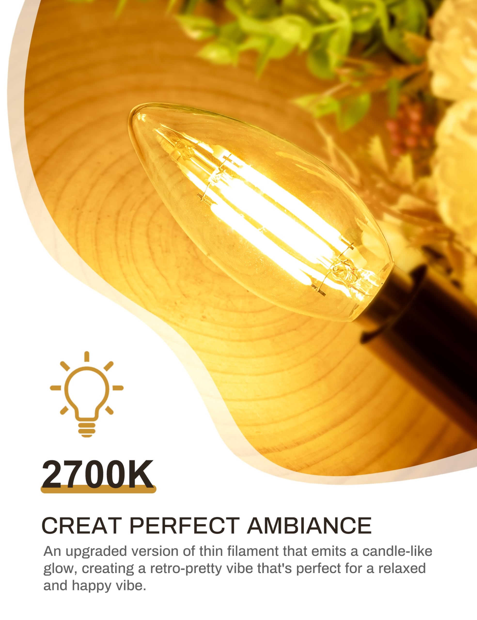 DORESshop Led Light Bulb, 40W Equivalent E12 Light Bulbs Led Light Bulb, Edison Bulbs, Chandelier Light Bulbs, Non-dimmable C35 Edison Filament Candle Bulbs, Soft White Light Bulbs 2700K,Decorative