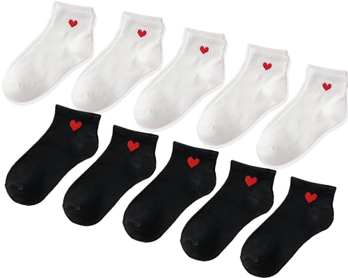 CHUNFO Cute Heart White Red Crew Women Socks Frilly Fun Bear Pattern Long Ankle Novelty Aesthetic Girls Sock 4 & More Pairs (5Pairs β Heart Pattern 03)