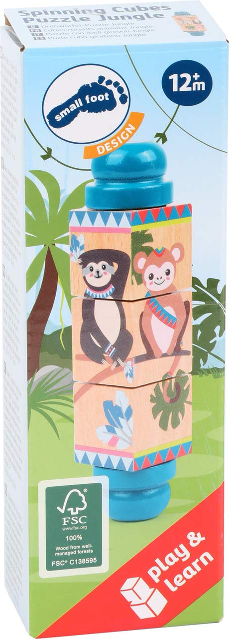 Wooden Spinning Puzzle Cube (Jungle Theme) by Small Foot – Babies Learn Patterns and Animals While Developing Fine Motor Skills – Classic Educational Game for Toddlers – Ages 12+ months