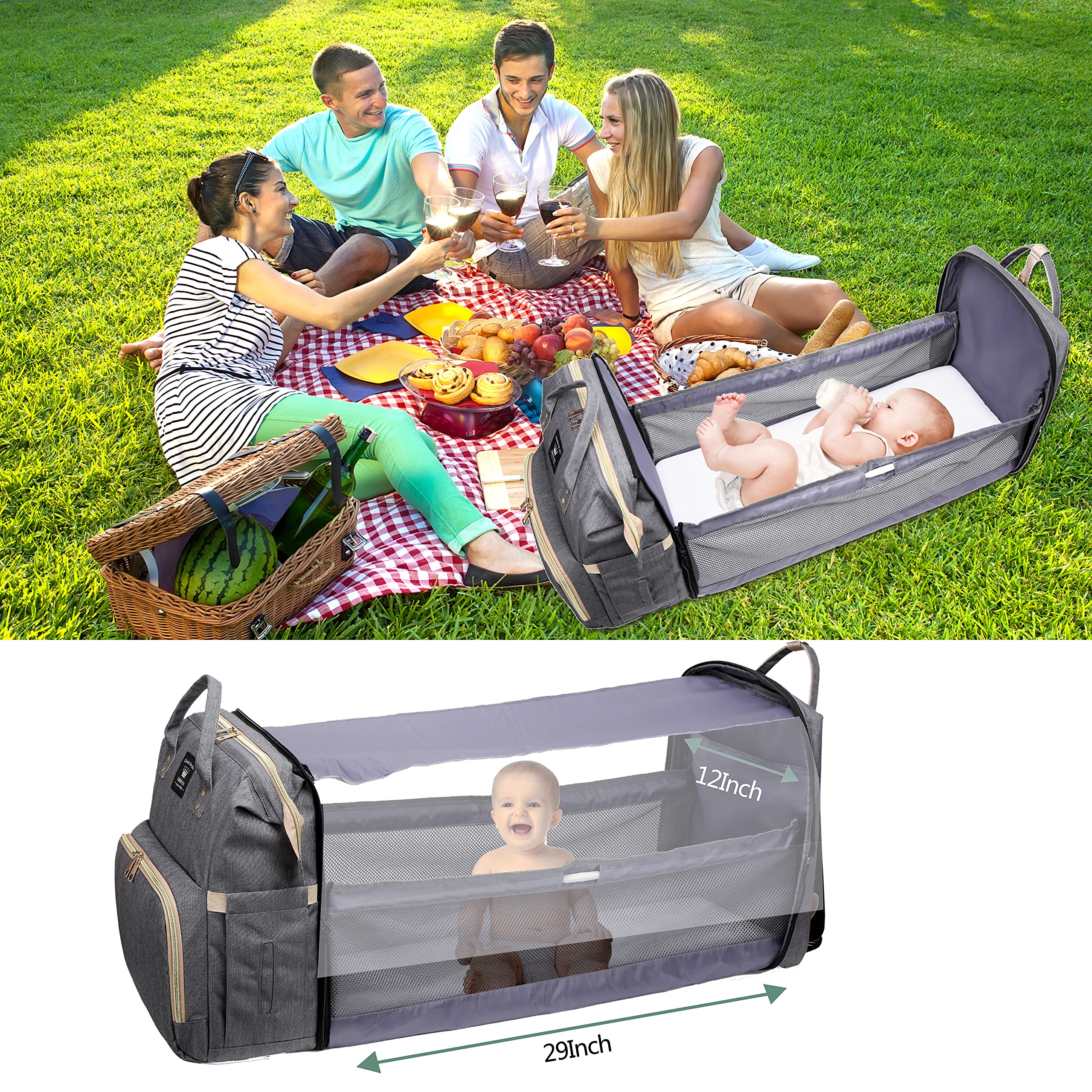 Diaper Bag Backpack, Nappy Bags for Baby Boy with USB Charging Port, Large Capacity, Waterproof, Breathable Mosquito Net Sunshade Grey