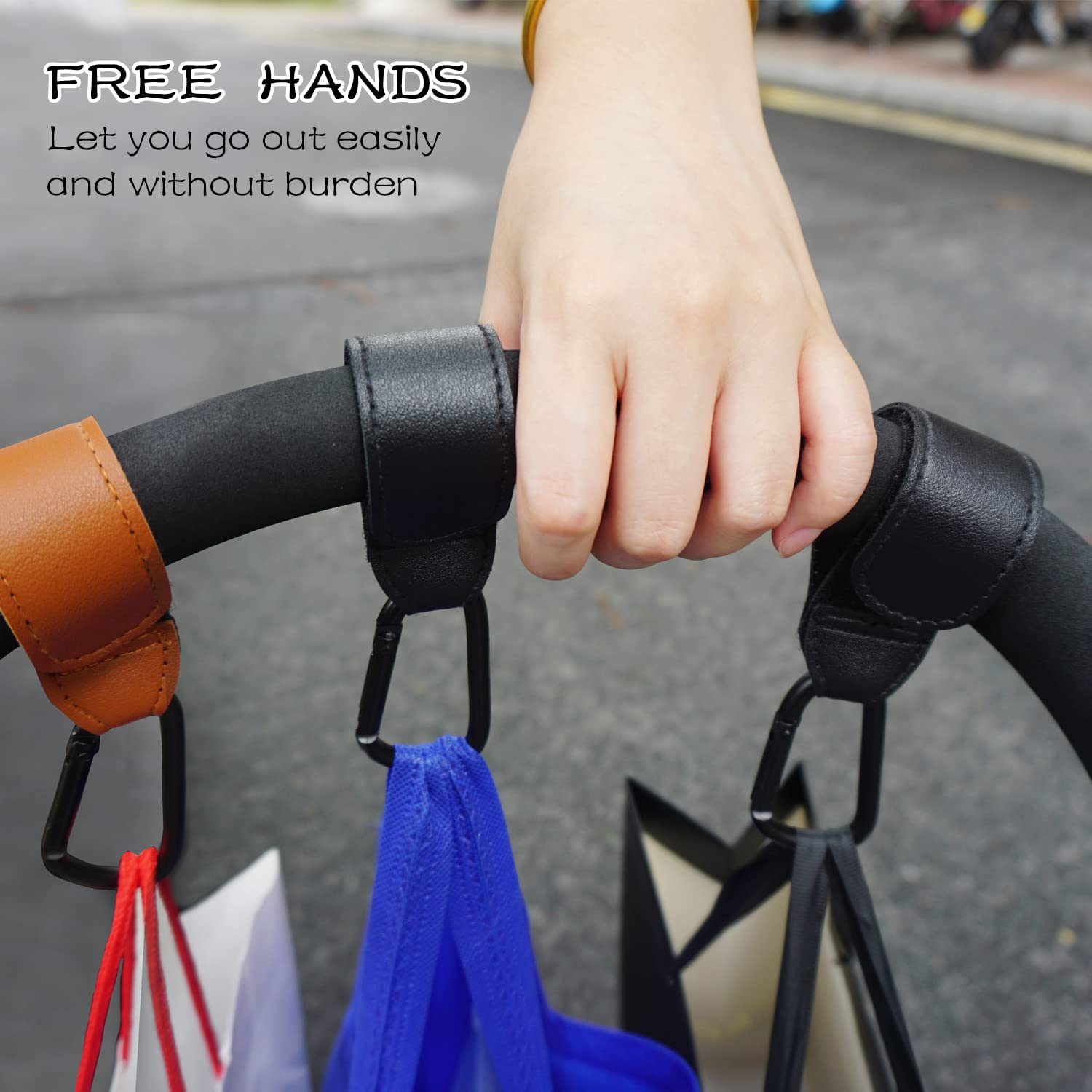Dream Star Stroller Hook Bag Hook Hanging Diaper Bag Accessories Multi-Purpose Hook Grocery Shopping Bag Premium Vegan Leather Stroller Straps 2-Pack (Black/Brown 2-Pack) (Black)