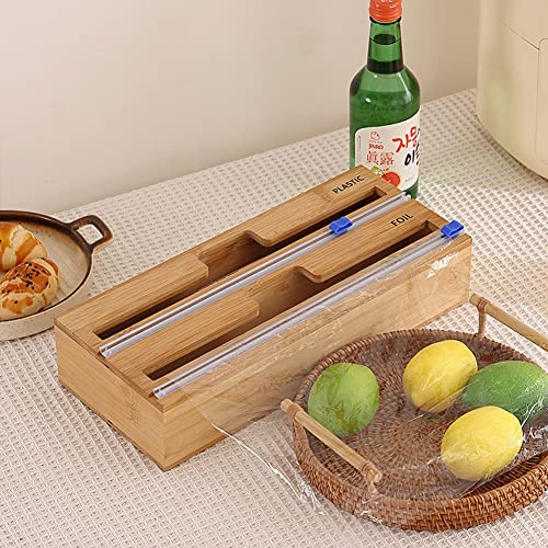 Plastics Wrap Dispenser with Slide Cutter,Kitchen Drawer Wood Storage Dispenser for Aluminum Foil,Cling Film,Tin Foil,Wax Paper.Foil and Plastic Storage Organizer(2 Slot).