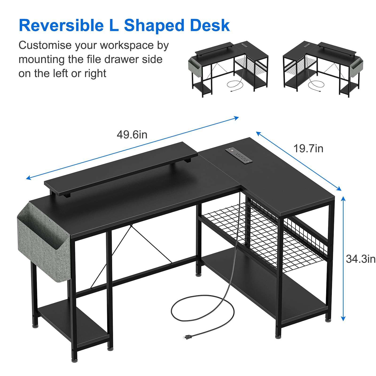 ElectraSpeedy 49" L Shaped Desk with Power Outlet & LED Lights, Reversible Corner Computer Desk with Storage Shelves & Monitor Stand, Home Office Desk for Gaming Writing Study (Pink)