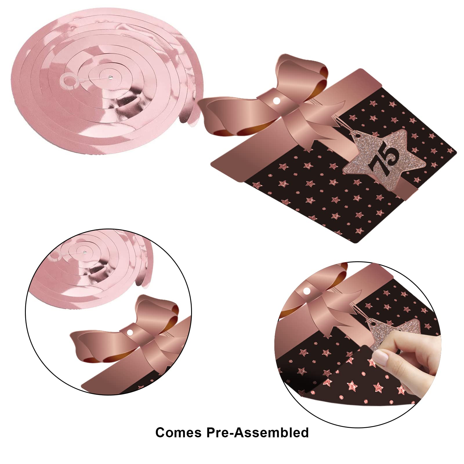 Happy 75th Birthday Hanging Swirls Streams Ceiling Decorations, Celebration 75 Foil Hanging Swirls with Cutouts for 75 Years Old Rose Gold Birthday Party Decorations Supplies