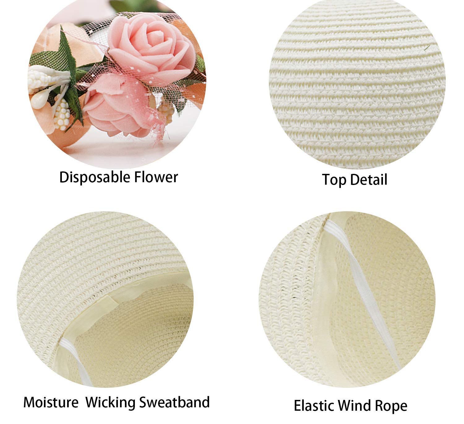 Lovful Fashion Flower Lace Ribbon Wide Brim Caps Summer Beach Sun Protective Hat Straw Hats for Women, White