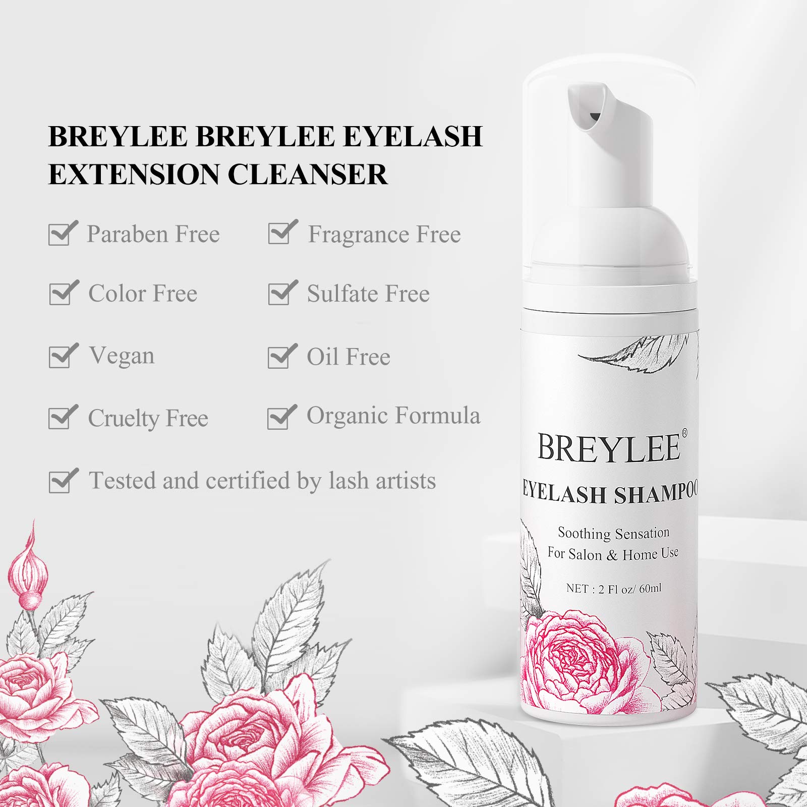 BREYLEE Shampoo for Lash Extensions, 60ml+Rinse Bottle+Brushes, Eyelash Extension Cleanser, Lash Wash Bath, Lash Cleaner, Paraben & Sulfate Free for Salon and Home Use