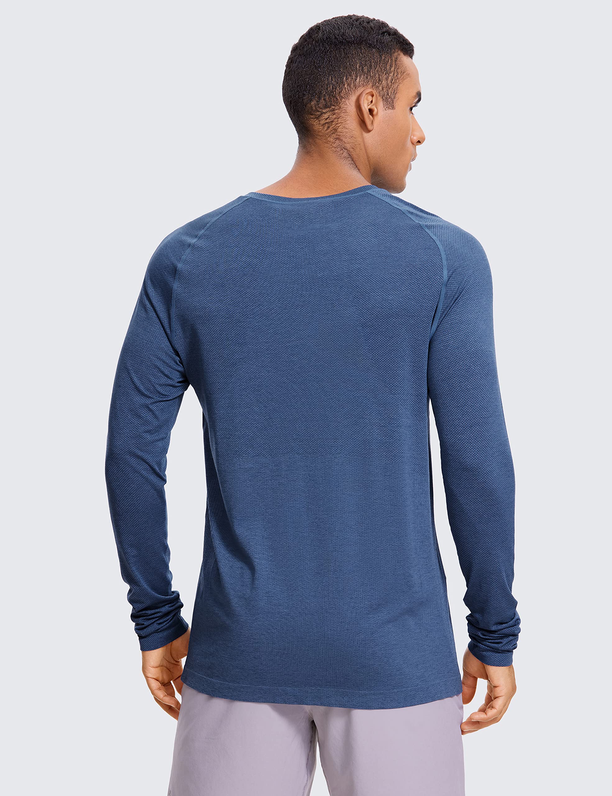 CRZ YOGA Mens Seamless Long Sleeve Tee Shirts Moisture Wicking Workout Athletic Running Shirts Breathable Gym Tops Tempest Blue Heather Large