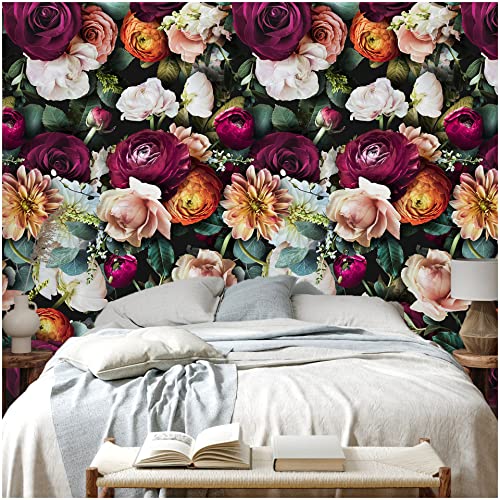 HAOKHOME 93277 Peel and Stick Floral Wallpaper Rose Daisy Removable Black/Pink/Purple Stick on Wild Mural 17.7in x 9.8ft