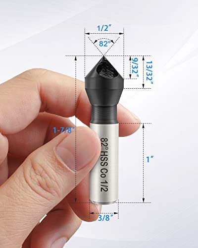 Countersink Drill Bit, TiAlN Coatied M35 Cobalt Steel Bit, 82 Degree Point Angle, 3/8" Round Shank, 1/2" Body Diameter for Hard Metal Wood Plastic Glass Deburring Chamfer Tool (82 Degree)
