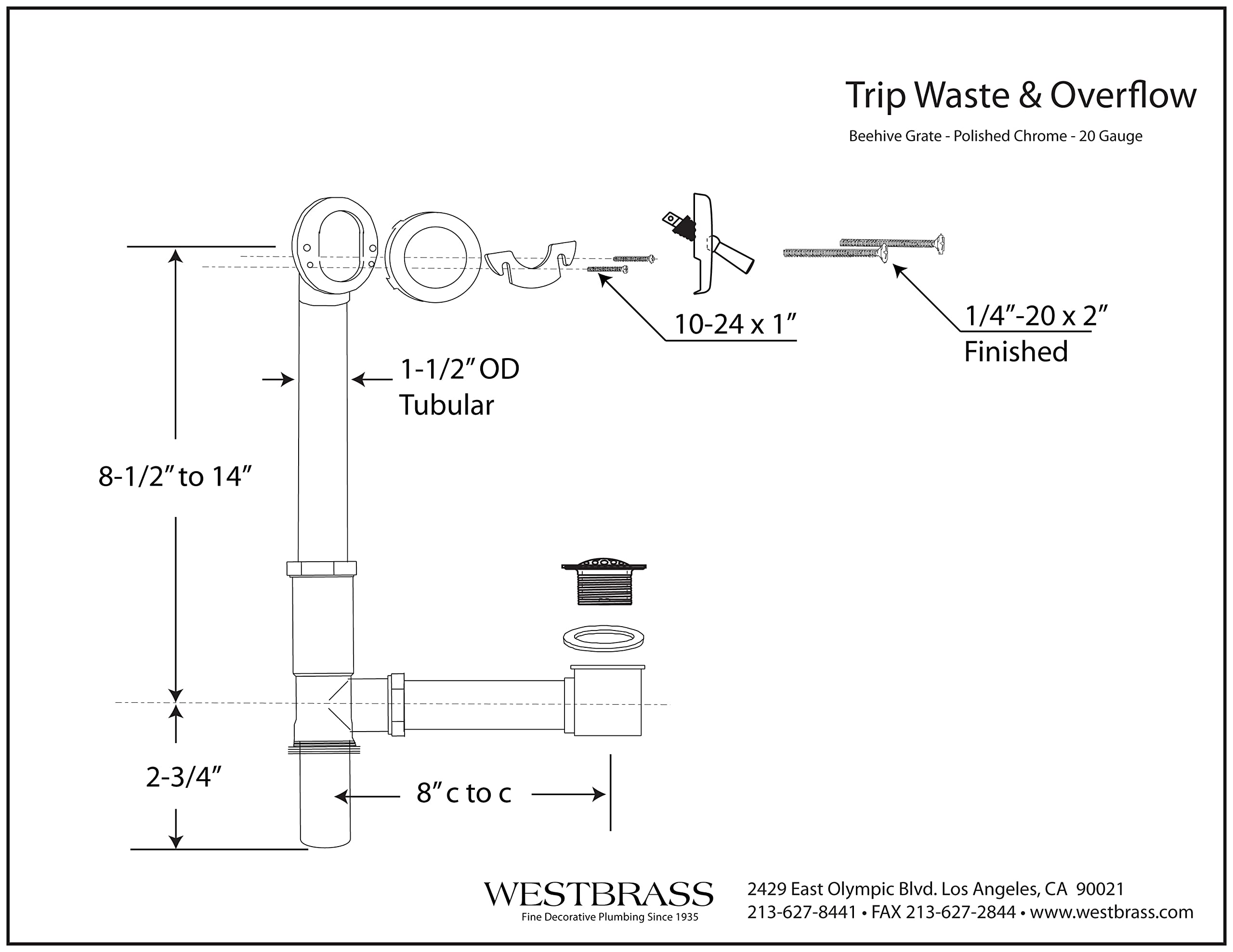 Westbrass A79220CP 14" 20 Gauge Brass Bath Waste and Overflow Assembly with Trip Lever and Grid Drain Cover, Polished Chrome