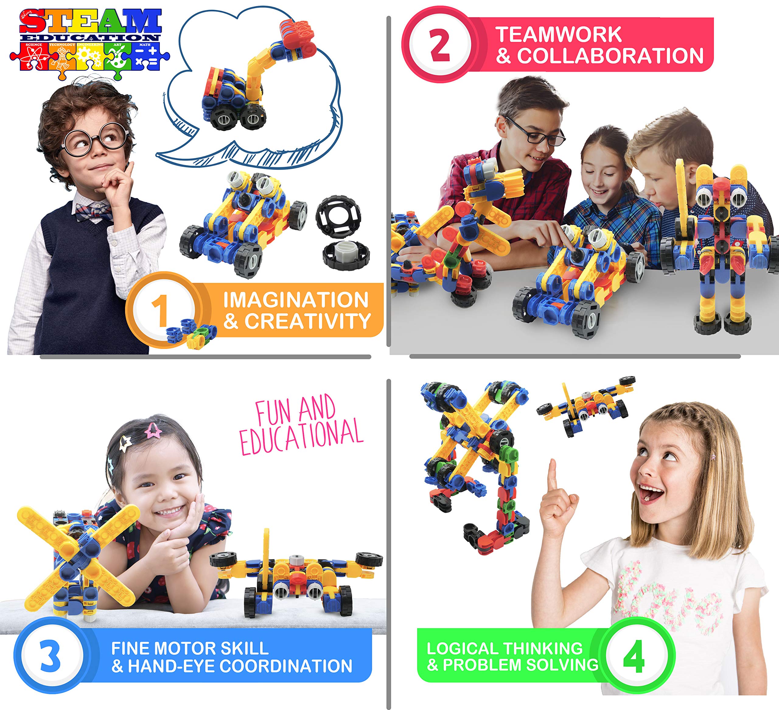 Skoolzy Klikio 8 in 1 Construction Building Engineering Toys 98 Piece Kit - STEM Bin Toys for Ages 7+, Includes Storage Bag and Booklet with Building Designs