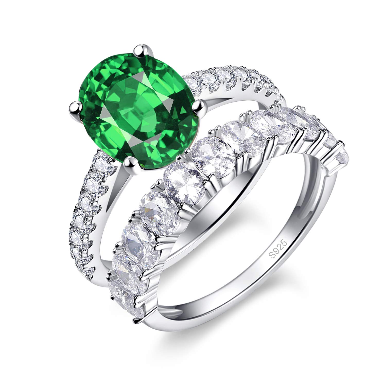 BONLAVIE 2ct Oval Cut Created Emerald Ring for Women with White Cubic Zirconia 925 Sterling Silver Ring Bridal Ring Set Wedding Ring Set for Women Set Size 14