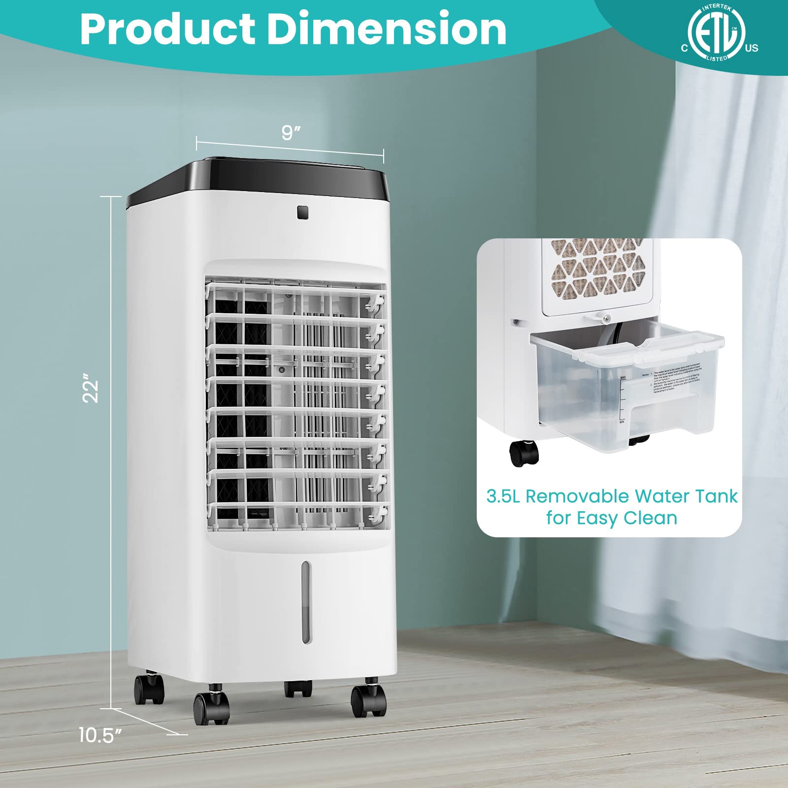 DORTALA Evaporative Air Cooler, 3-in-1 Cold Air Cooling Fan with Remote, 3.5L Water Tank, 2 Ice Packs, 4 Modes, 3 Speeds & Timer, 70° Oscillation, Portable Swamp Cooler for Small Rooms