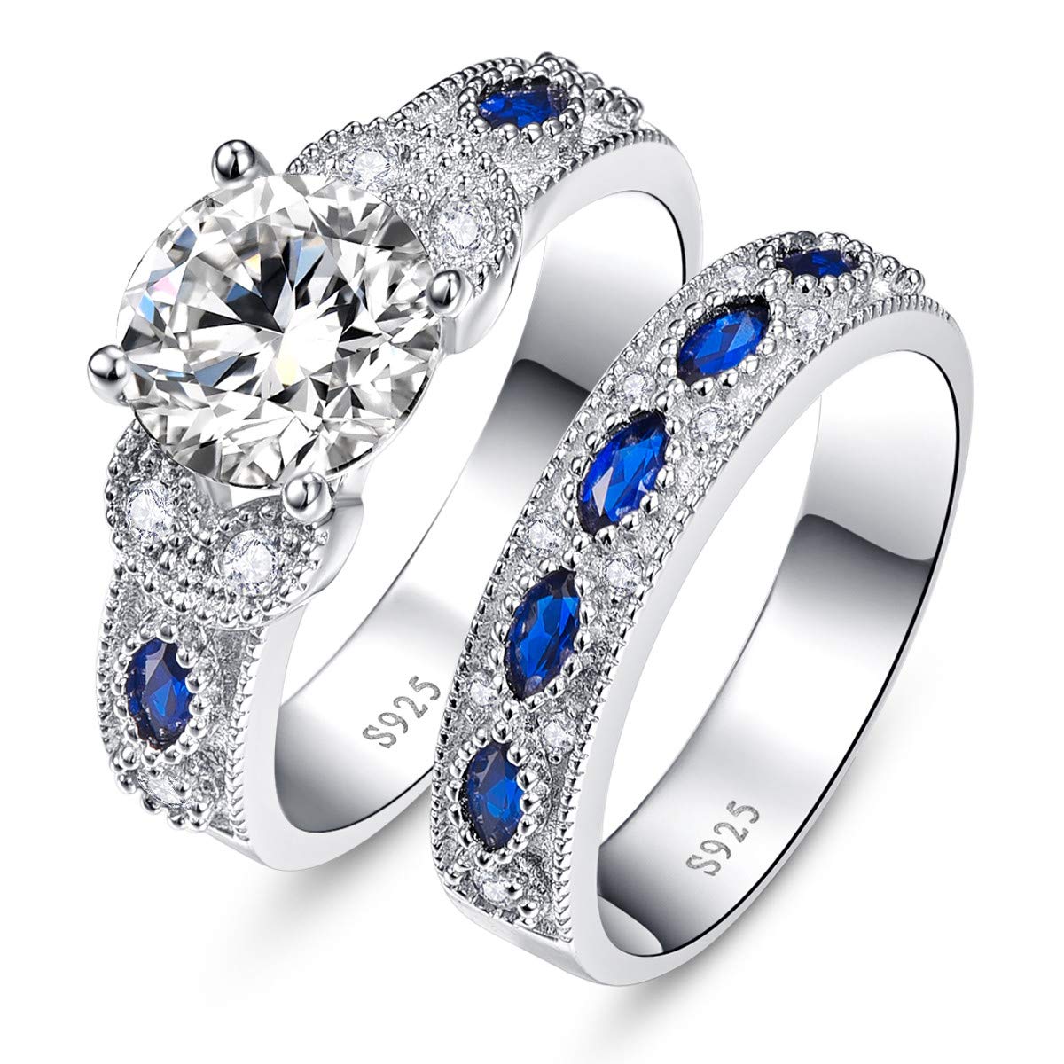 BONLAVIE 3.5ct Round Cut Cubic Zirconia Ring Wedding Ring Set Created Blue Sapphire Women's Bridal Rings Sets 925 Sterling Silver Ring Rhodium Plated Blue Engagement Ring Size 7