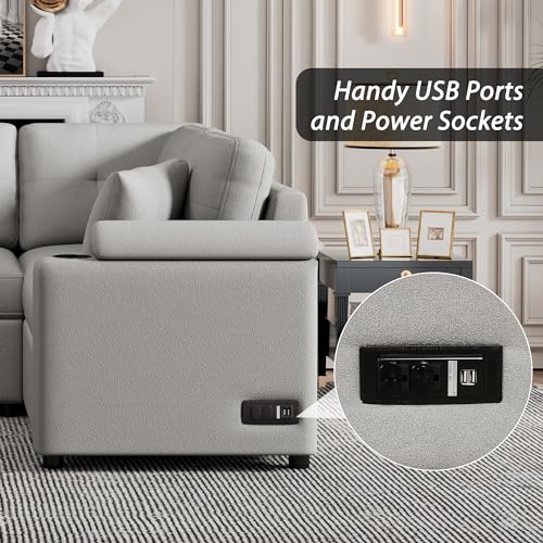 FANYE L-Shape Plush Tufted Upholstered Sleeper Sectional Sofa Convertible Sleep Sofabed W/Pull Out Couch Bed,Cupholders,USB Charging Ports and Power Sockets for Living Room