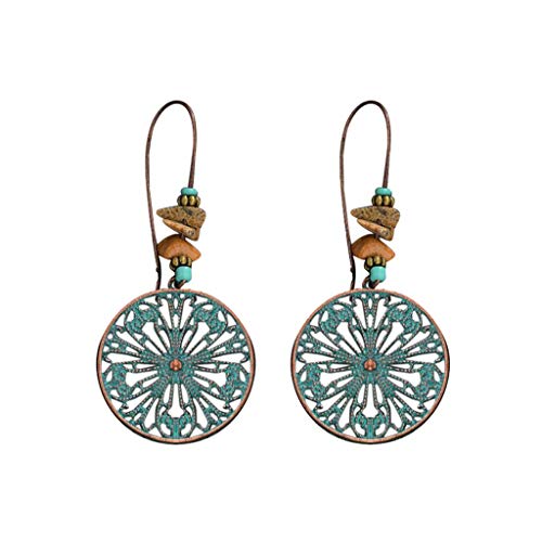 LQJstore Ethnic Earring Retro Green Pine Carved Water Drop Hollow Earrings Boho Earrings Geometric Dangle Earrings (B)