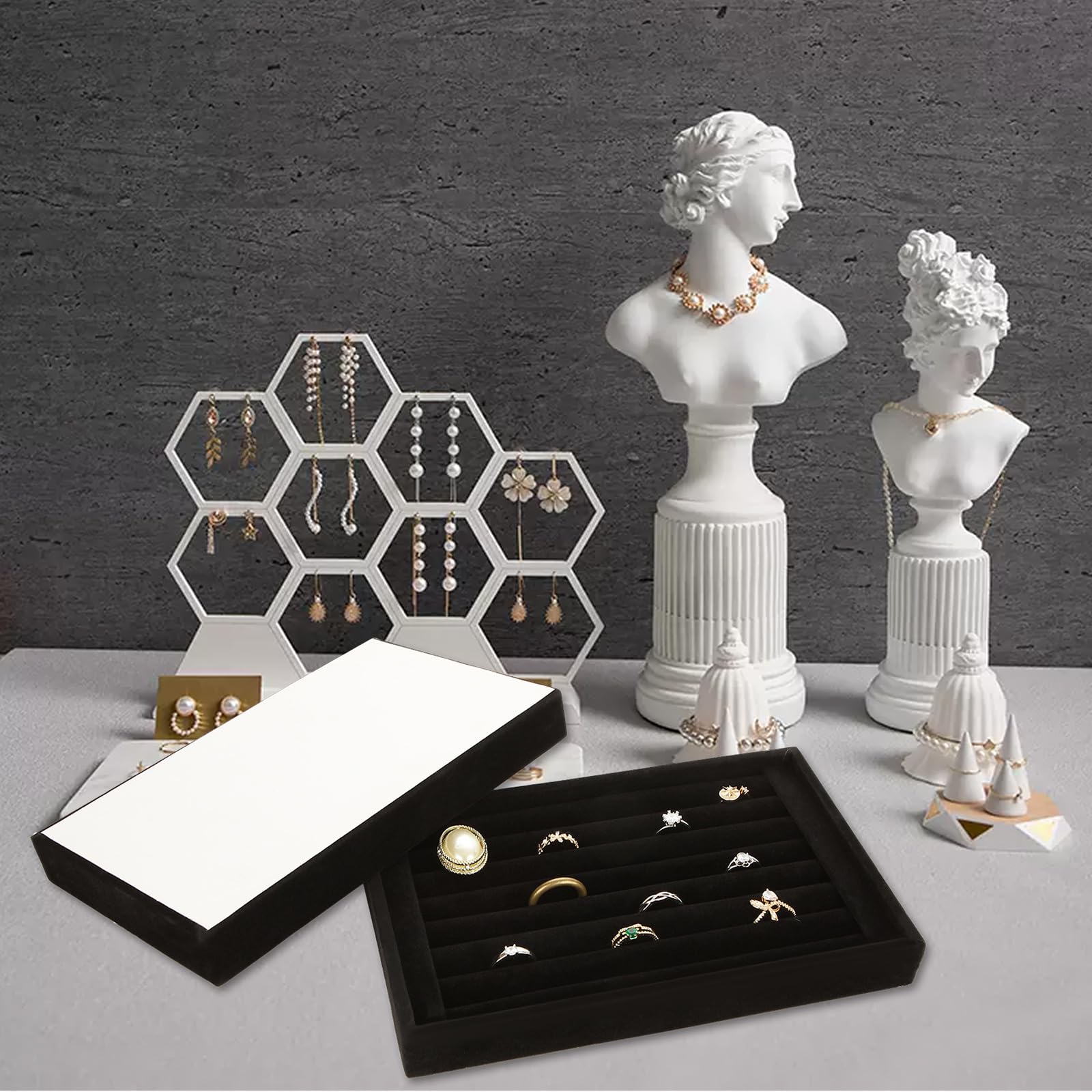 CertBuy 4 Pack Ring Display Tray Jewelry Organizer, Black Velvet 7 Slots Ring Earrings Showcase Trays Holder, Stackable Drawer Ring Display Tray Jewelry Showcase for Multiple Rings Drawer Inserts