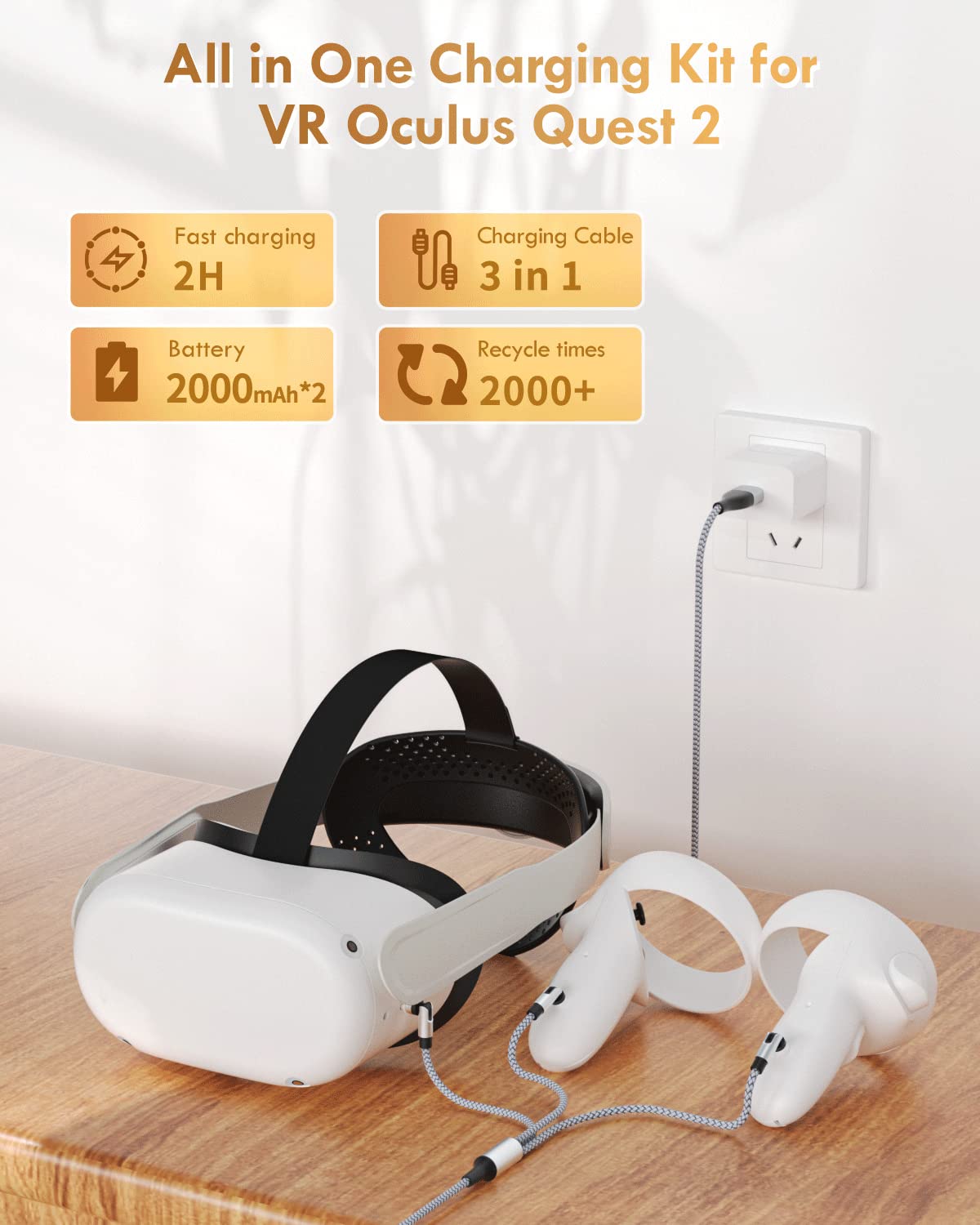 Charging Kit for Oculus Quest 2/ Meta Quest 2, AOJAKI Charging Kit for Oculus Quest 2, Charging Station with 2 Rechargeable Batteries, 6ft USB-C Charger and Cable, 4Pcs Thumb Grip Caps