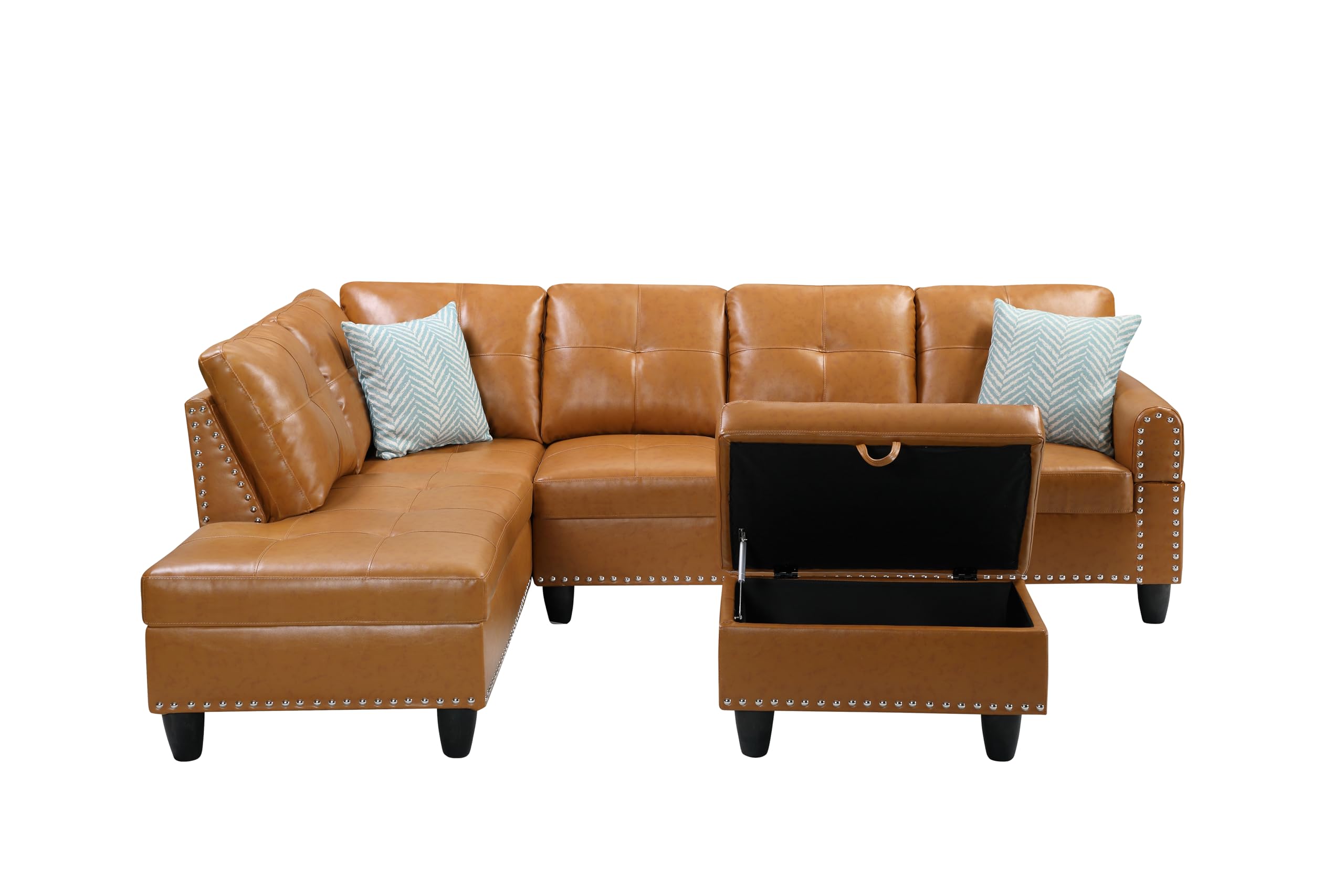 FANYE L-Shaped 5 Seaters Sectional Sofa with Right Chaise, Faux Leather Upholstered Corner Sofa&Couch W/2 Cup Holders and Storage Ottoman for Home Apartment Office Living Room