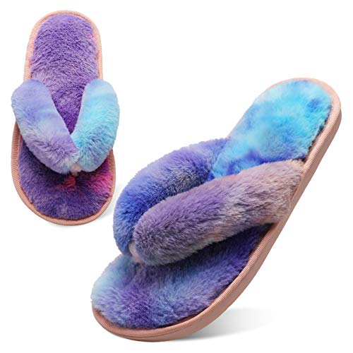 JOINFREE Womens Soft Plush Fuzzy House Slippers Non-slip Criss Cross Indoor Outdoor Slippers Colorful 9.5-10.5 M