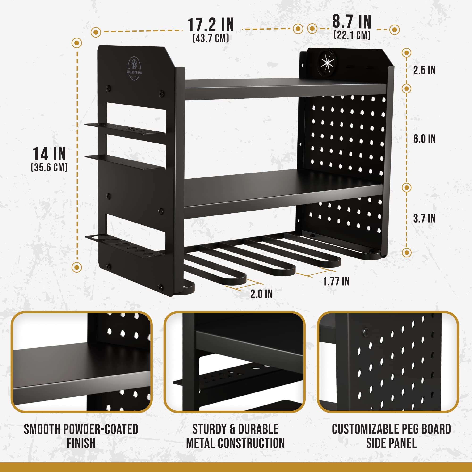 BUILTSTRONG Power Tool Organizer Wall Mount - 3-Tier Heavy-Duty Metal Hand Tool Storage Rack, Utility Racks, Drill Holder, PegBoard Side, & More - Garage Storage Cordless Tool Organizer (Black)