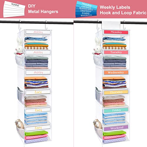 Fixwal 6-Shelf Weekly Hanging Closet Organizer with 6 Side Pockets Collapsible Weekday Kids Closet Daily Clothes Organizer Hanging Storage Shelves (White)