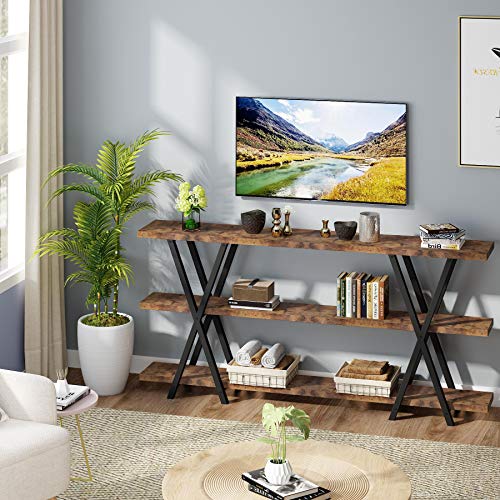 Tribesigns Wood Console Table 70-Inch Long Sofa Table, Farmhouse Entryway Tables Vintage Couch Tables Wooden Hallway Table with 3-Tier Storage Shelving for Living Room Foyer Entrance, Rustic Brown